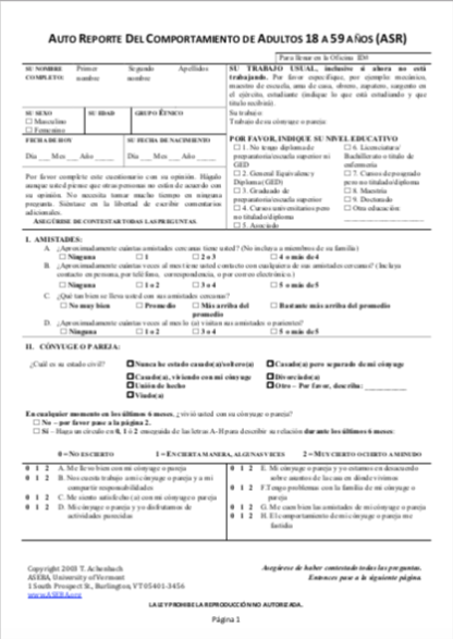 YOUTH SELF REPORT ESPANOL (YSR) EDAD 11-18 | ASEBA